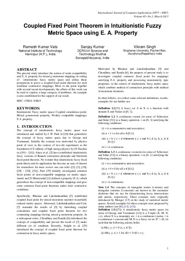 (PDF) Coupled Fixed Point Theorem in Intuitionistic Fuzzy Metric Space using E. A. Property