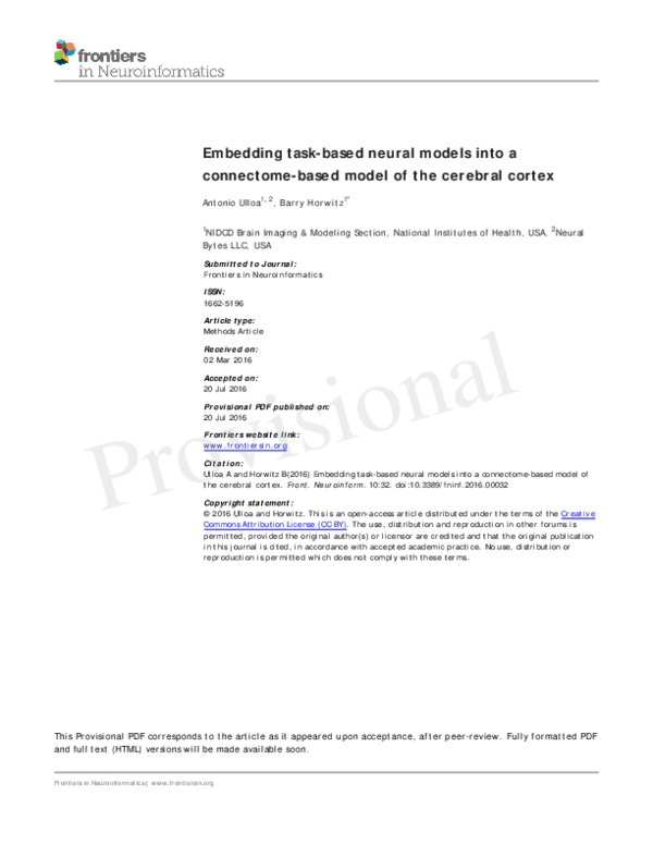 (PDF) Embedding task-based neural models into a connectome-based model of the cerebral cortex