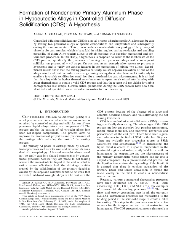 Pdf Formation Of Nondendritic Primary Aluminum Phase In Hypoeutectic Alloys In Controlled
