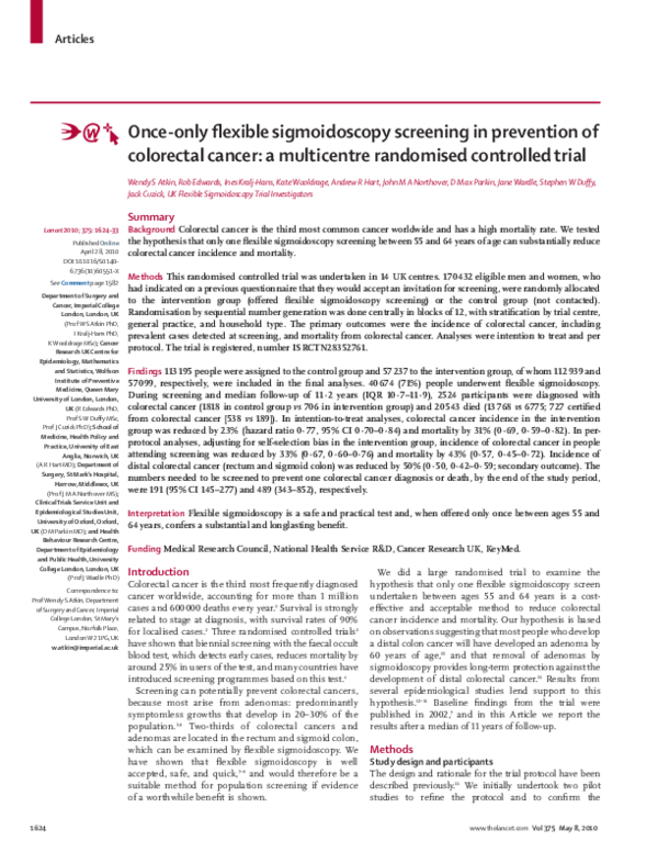 (PDF) Once-only flexible sigmoidoscopy screening in prevention of ...
