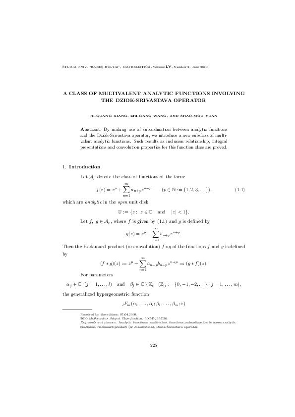 (PDF) Classes of multivalent analytic functions involving the Dziok–Srivastava operator