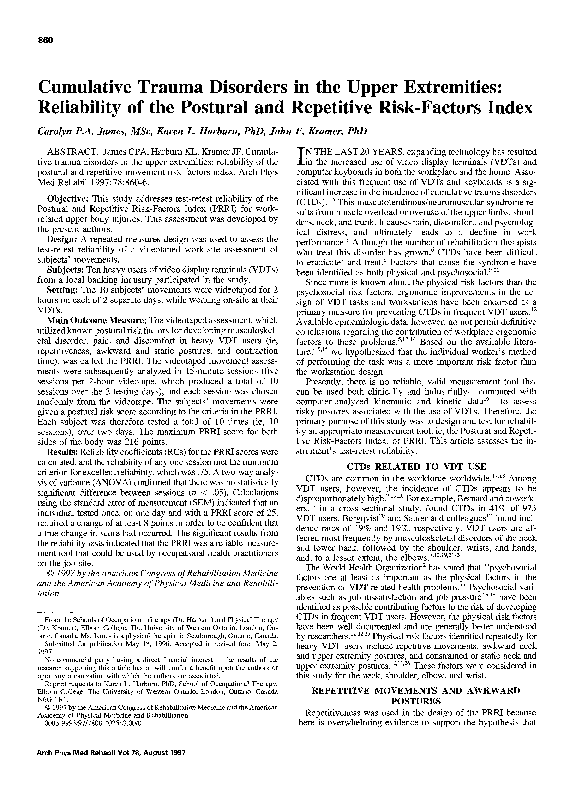 (PDF) Cumulative trauma disorders in the upper extremities: Reliability ...