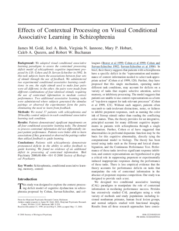 (PDF) Effects of contextual processing on visual conditional associative learning in schizophrenia