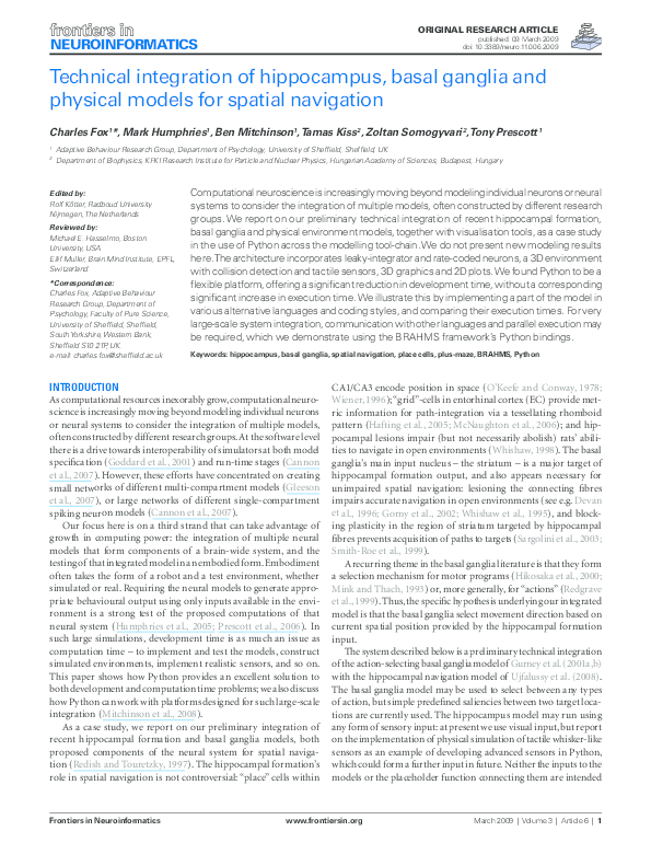 (PDF) Technical integration of hippocampus, basal ganglia and physical models for spatial navigation