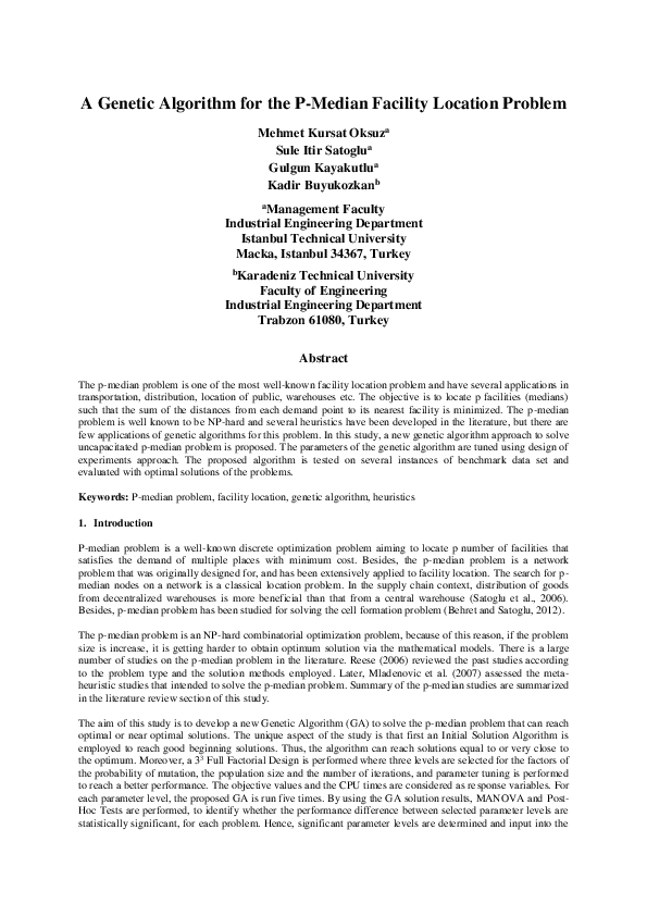 (PDF) A Genetic Algorithm for the P-Median Facility Location Problem