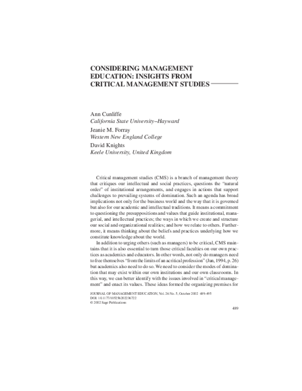 (PDF) Considering Management Education: Insights from Critical ...
