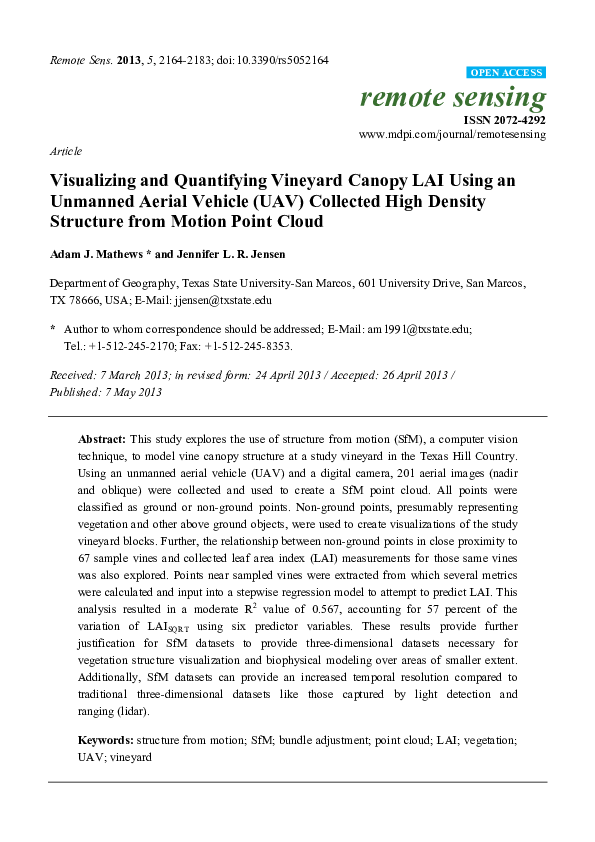 (PDF) Visualizing and Quantifying Vineyard Canopy LAI Using an Unmanned Aerial Vehicle (UAV ...