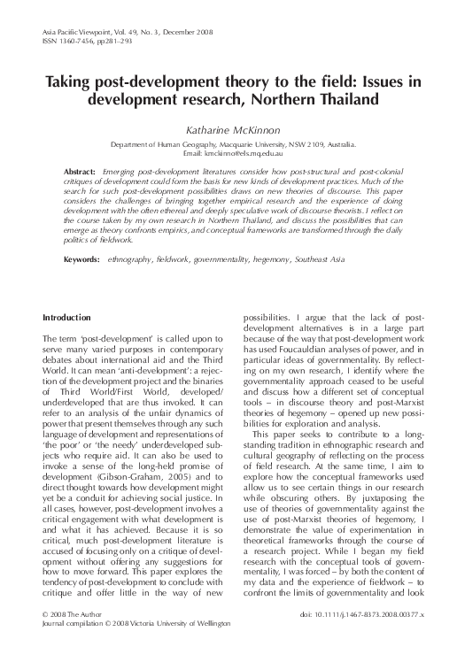 (PDF) Taking post‐development theory to the field: Issues in development research, Northern Thailand