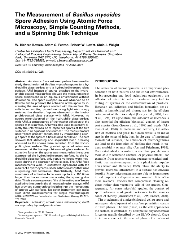 (PDF) The measurement ofBacillus mycoides spore adhesion using atomic ...