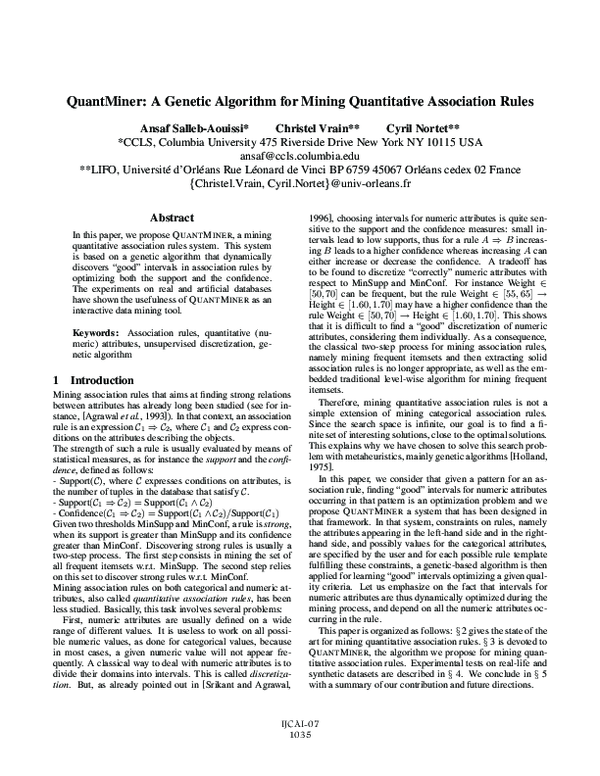 Pdf Quantminer A Genetic Algorithm For Mining Quantitative Association Rules