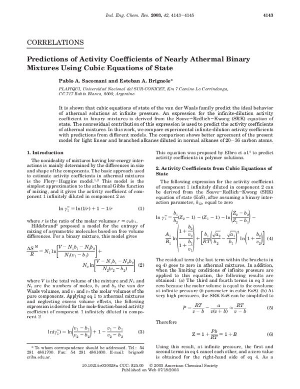 Pdf Predictions Of Activity Coefficients Of Nearly Athermal Binary Mixtures Using Cubic