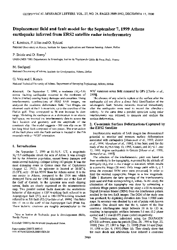 (PDF) Displacement field and fault model for the September 7, 1999 ...