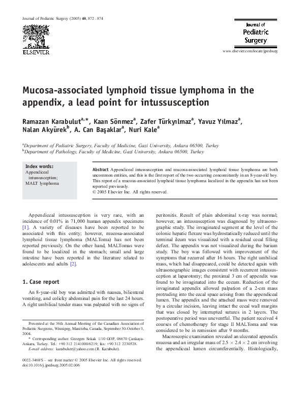 (PDF) Mucosa-associated lymphoid tissue lymphoma in the appendix, a ...