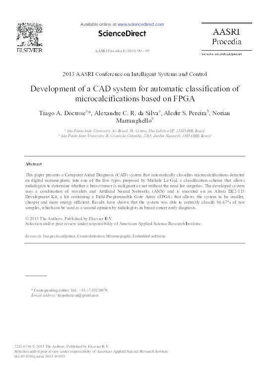 Pdf Development Of A Cad System For Automatic Classification Of Microcalcifications Based On Fpga