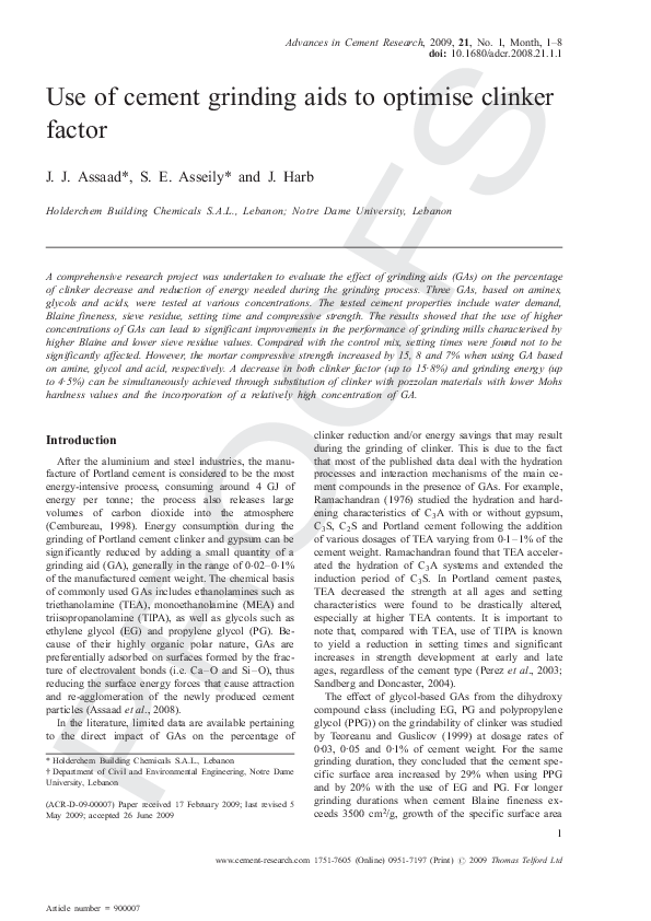 (PDF) Use of cement grinding aids to optimise clinker factor