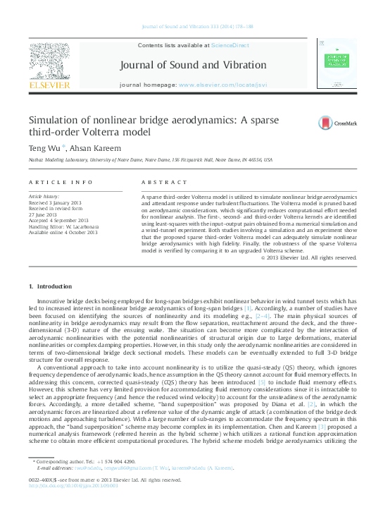 (PDF) Simulation of nonlinear bridge aerodynamics: A sparse third-order Volterra model