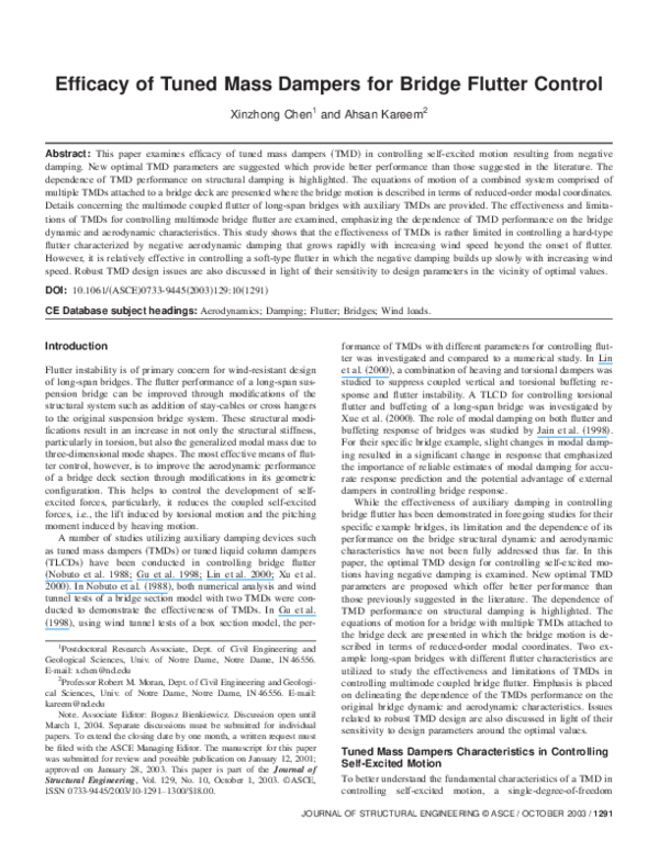 (PDF) Efficacy of Tuned Mass Dampers for Bridge Flutter Control