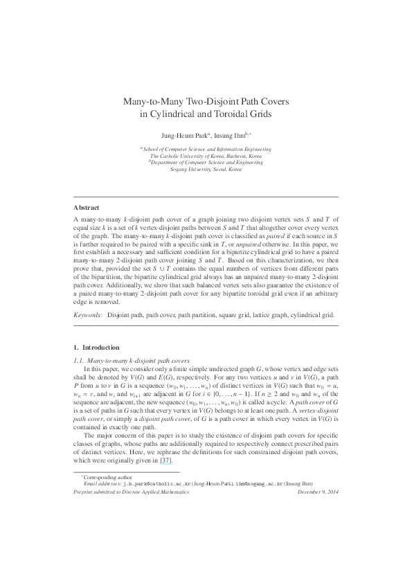 Pdf Many To Many Two Disjoint Path Covers In Cylindrical And Toroidal Grids Insung Ihm 