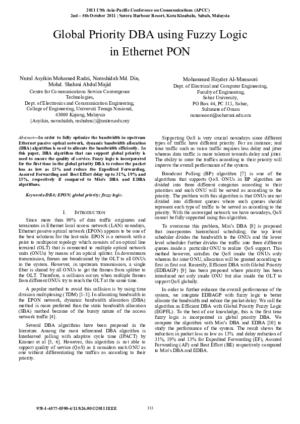 Pdf Global Priority Dba Using Fuzzy Logic In Ethernet Pon