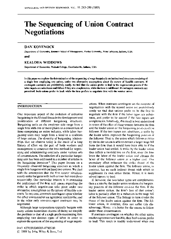 (PDF) The sequencing of union contract negotiations