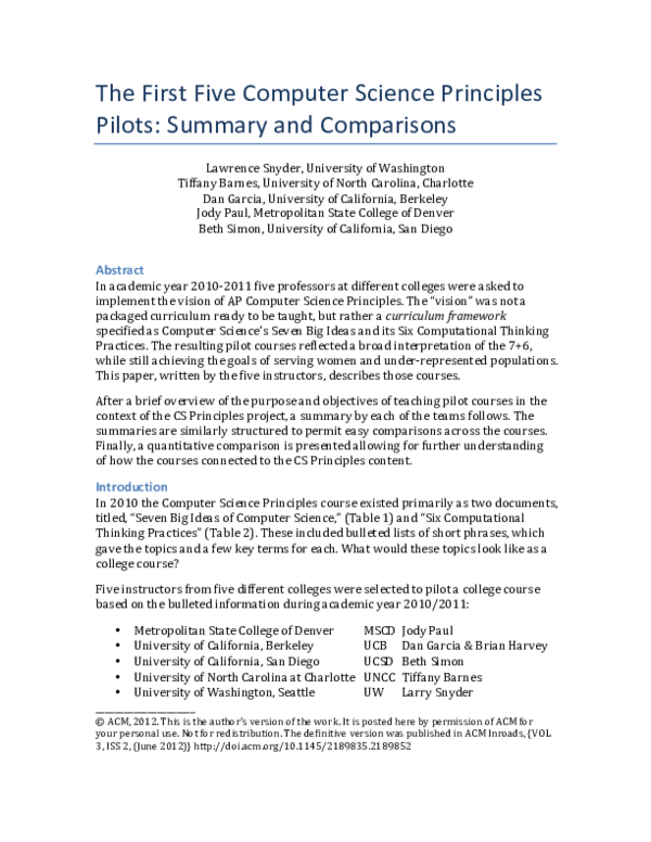 (PDF) The first five computer science principles pilots: summary and ...