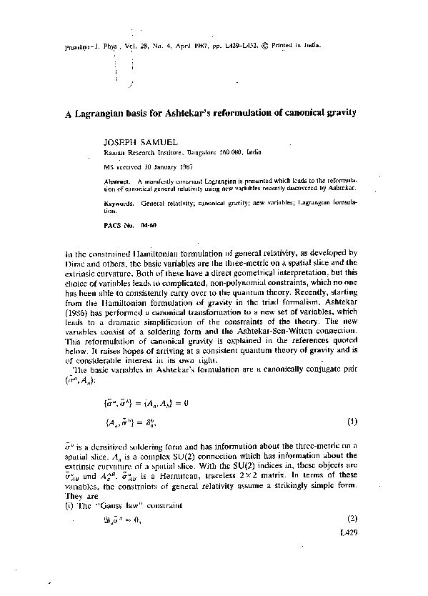 (PDF) A lagrangian basis for ashtekar’s reformulation of canonical gravity