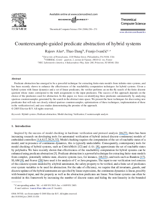 Pdf Counter Example Guided Predicate Abstraction Of Hybrid Systems