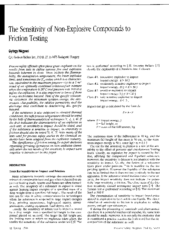 (PDF) The sensitivity of non-explosive compounds to friction testing