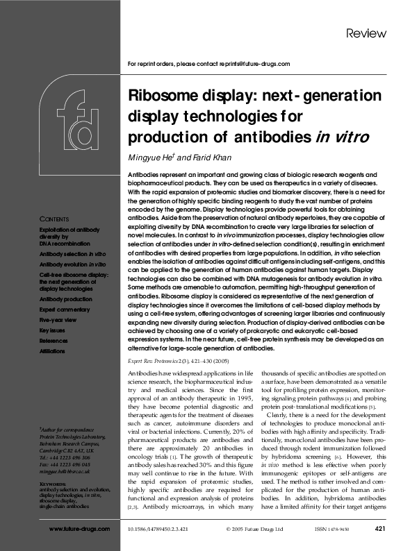 Pdf Ribosome Display Next Generation Display Technologies For