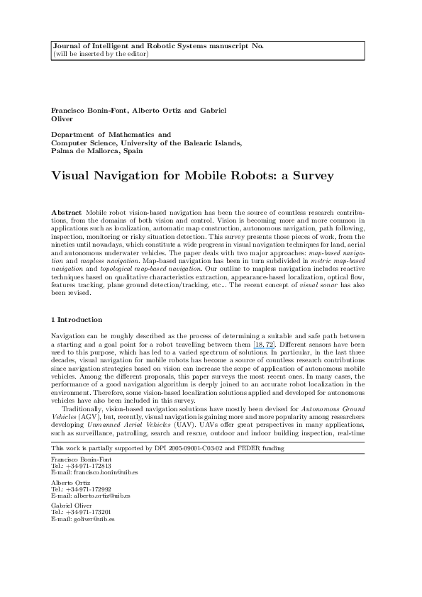 (PDF) Visual Navigation for Mobile Robots: A Survey