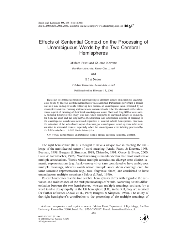 (PDF) Effects of Sentential Context on the Processing of Unambiguous ...