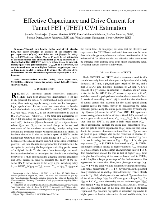(PDF) Effective Capacitance and Drive Current for Tunnel FET (TFET) CV/I Estimation