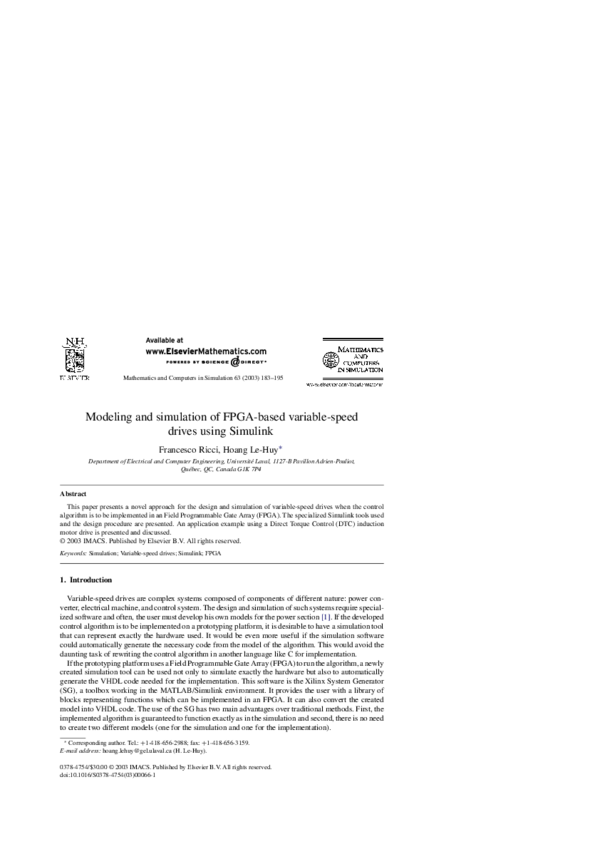 Pdf Modeling And Simulation Of Fpga Based Variable Speed Drives Using Simulink Hoang Huy