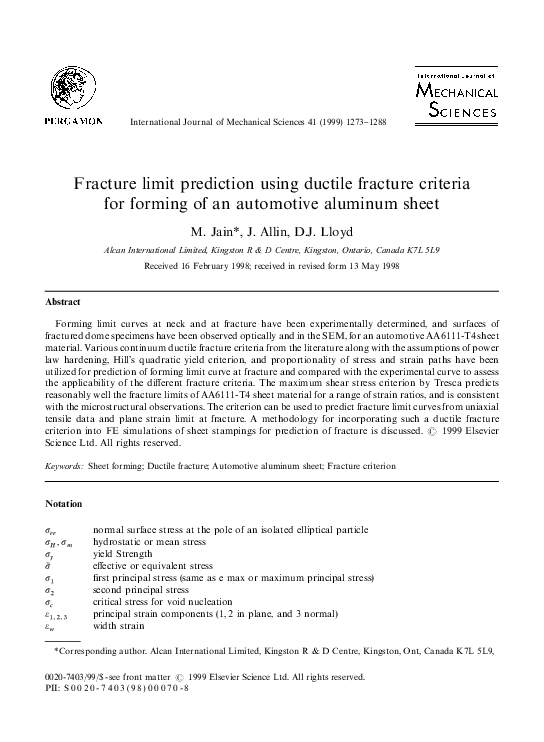 Pdf Fracture Limit Prediction Using Ductile Fracture Criteria For