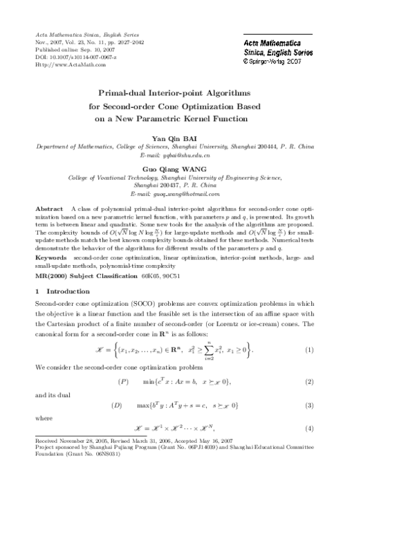 Pdf Primal Dual Interior Point Algorithms For Second Order Cone