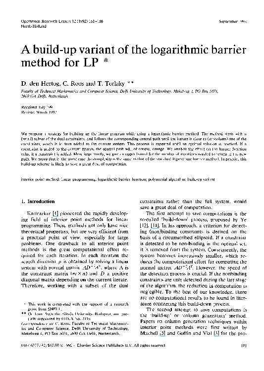 (PDF) A build-up variant of the logarithmic barrier method for LP | Cornelis Roos - Academia.edu