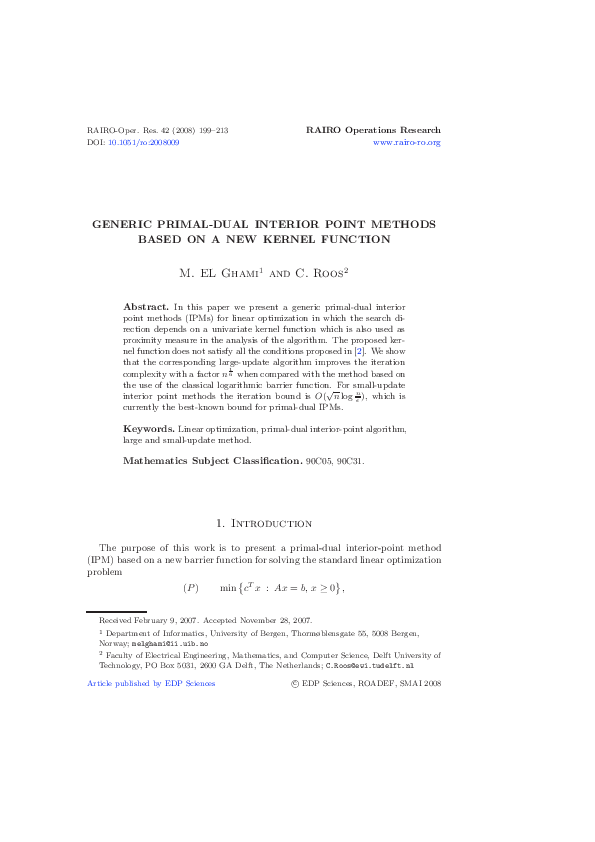 Pdf Generic Primal Dual Interior Point Methods Based On A New Kernel Function Cornelis Roos