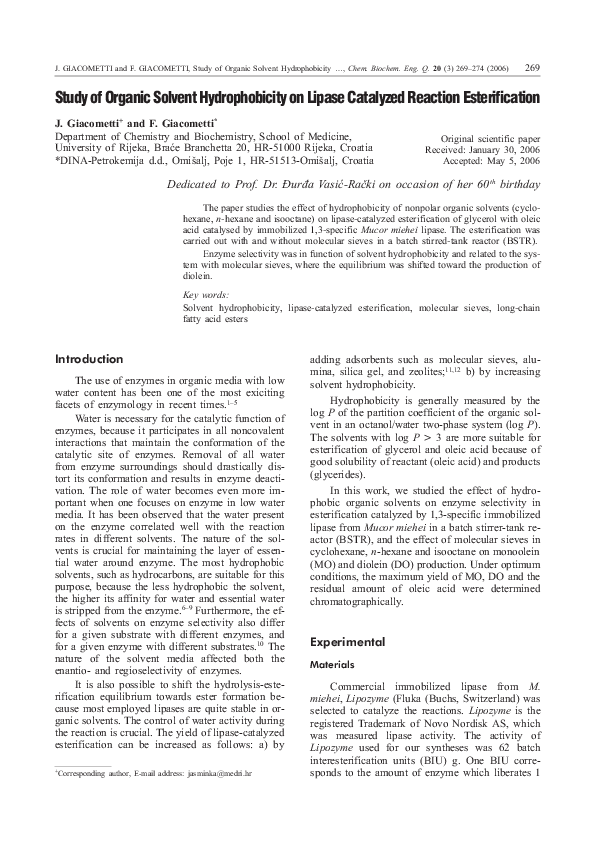 (PDF) Study of Organic Solvent Hydrophobicity on Lipase Catalyzed ...