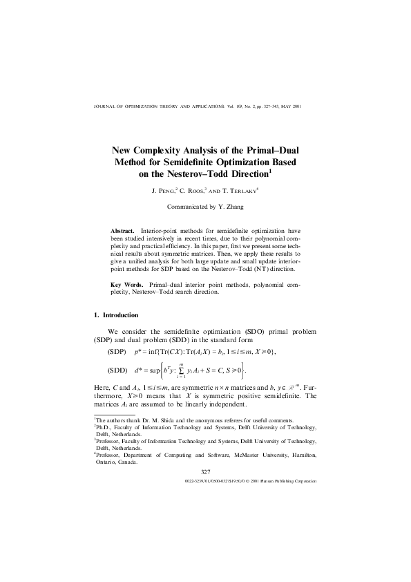 (PDF) New Complexity Analysis of the Primal-Dual Method for Semidefinite Optimization based on ...