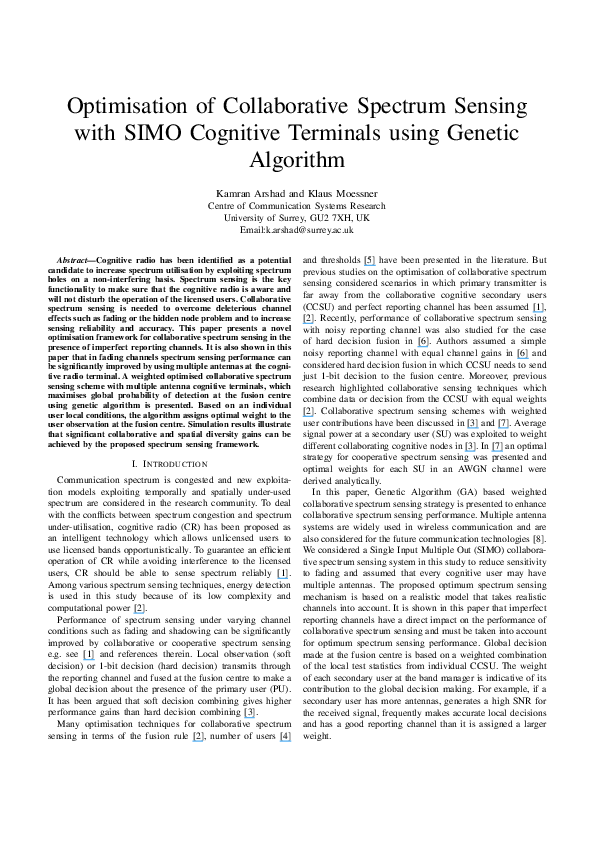 (PDF) Optimisation of collaborative spectrum sensing with SIMO cognitive terminals using genetic ...