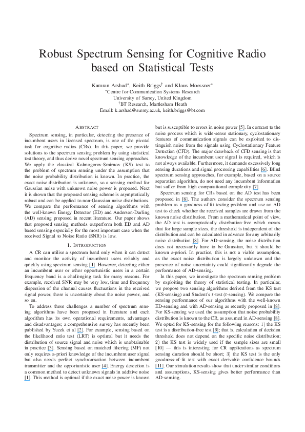 Pdf Robust Spectrum Sensing For Cognitive Radio Based On Statistical