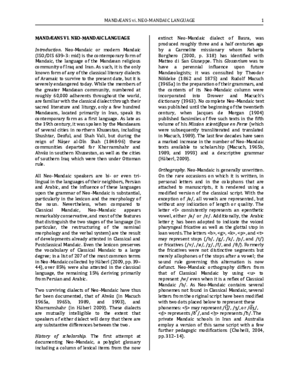 (PDF) Mandaeans vi. Neo-Mandaic Language