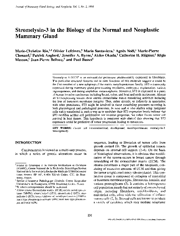 (PDF) Stromelysin-3 in the biology of the normal and neoplastic mammary ...