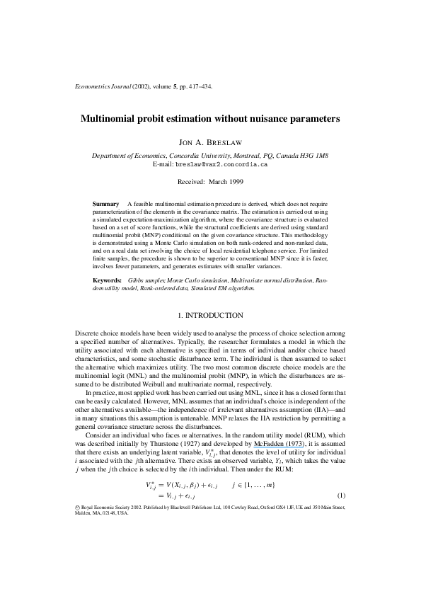 (PDF) Multinomial probit estimation without nuisance parameters