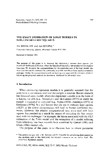 Pdf The Exact Estimation Of Logit Models By Non Linear Least Squares