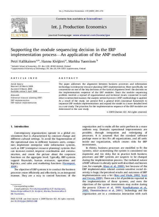 (PDF) Supporting the Module Sequencing Decision in the ERP ...