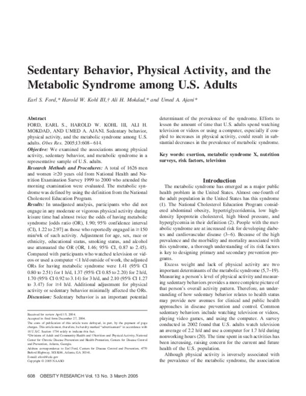 (PDF) Sedentary Behavior, Physical Activity, and the Metabolic Syndrome among U.S. Adults