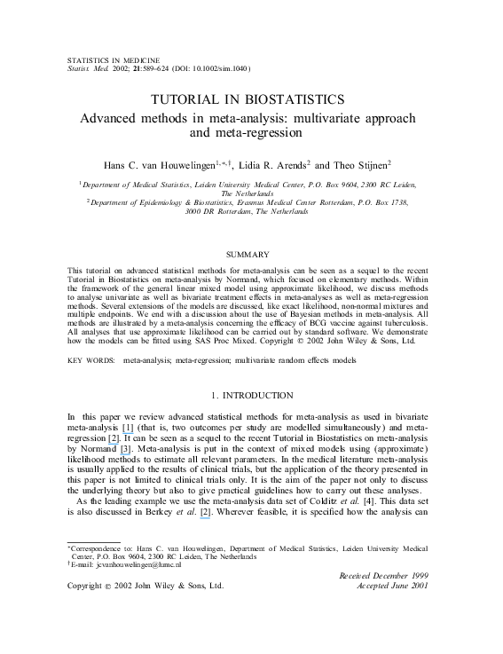 Pdf Advanced Methods In Meta Analysis Multivariate Approach And Meta Regression