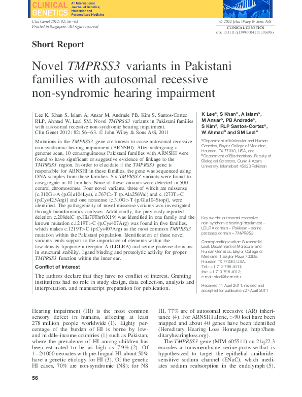 (PDF) Novel TMPRSS3 variants in Pakistani families with autosomal recessive non-syndromic ...
