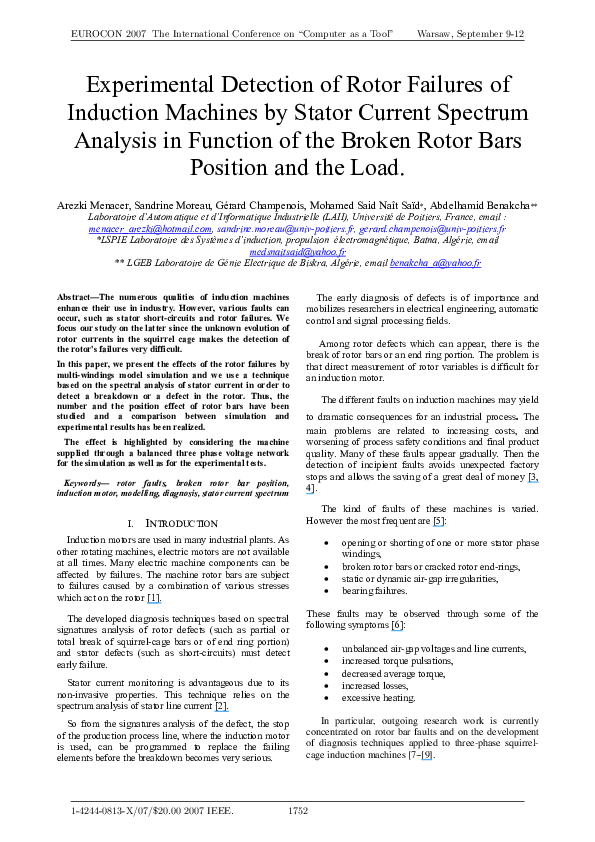 (PDF) Experimental Detection of Rotor Failures of Induction Machines by Stator Current Spectrum ...
